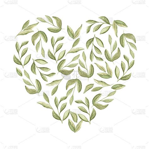 水彩画的心从绿色沼泽的树枝与树叶