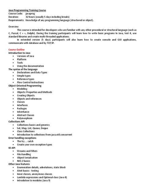Java Programming Training Course Pdf Java Programming Language Object Oriented Programming