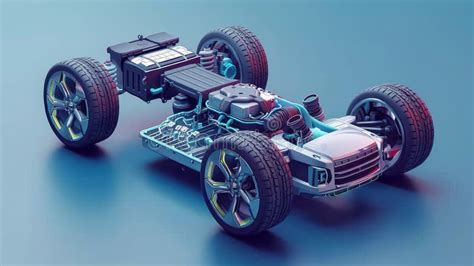 Close Up Of A Car Chassis With Visible Engine And Battery Stock