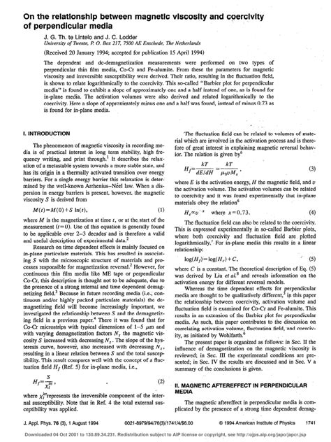 Pdf On The Relationship Between Magnetic Viscosity And Coercivity Of Perpendicular Media