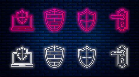 Set Line Shield With Cyber Security Brick Wall Shield Laptop Protected With Shield And Door