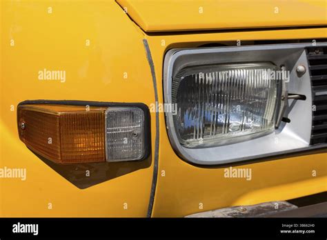 Detail Of An Attique Car At A Retro Car Parade Headlights And Turn Signal Indicator Headlamp