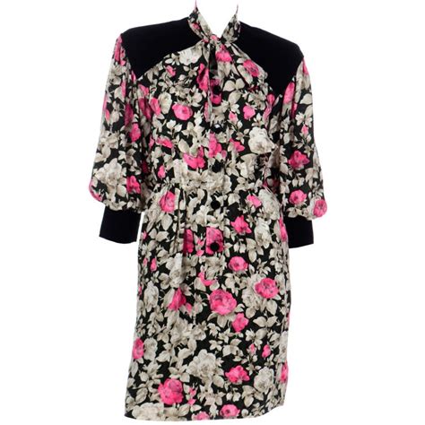 1984 Yves Saint Laurent Floral Silk Runway Dress W Black Velvet Trim