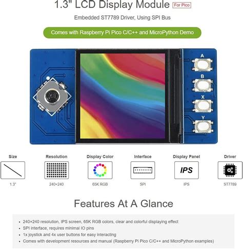 waveshare 1 3inch lcd display module for raspberry pi pico 65k rgb colors 240 240 pixels spi