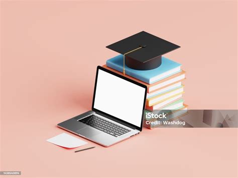 흰색 빈 화면이 있는 노트북이 위에 졸업 모자가 있는 책 더미에 놓여 있습니다 공부 교육 및 E 러닝 개념 3d 그림입니다 노트북에 대한 스톡 사진 및 기타 이미지 Istock