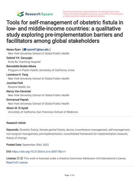 Pdf Tools For Self Management Of Obstetric Fistula In Low And Middle Income Countries A