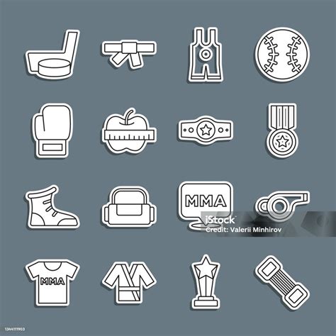 세트 라인 가슴 익스팬더 휘파람 메달 레슬링 싱글트 애플 측정 테이프 복싱 장갑 아이스 하키 스틱 퍽 과 벨트 아이콘 벡터 T 셔츠에 대한 스톡 벡터 아트 및 기타 이미지