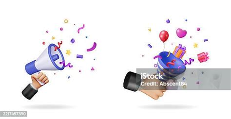 색종이 조각이 든 확성기를 들고 있는 손과 축하와 발표를 위해 선물과 풍선이 든 파티 폭죽을 들고 있는 다른 손 3차원 형태에 대한 스톡 벡터 아트 및 기타 이미지 Istock