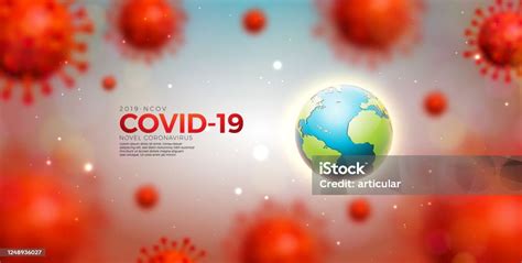 코비드19 경색 배경에 바이러스 세포와 지구를 가진 코로나 바이러스 전염병 디자인 벡터 2019엔소프 코로나 바이러스 일러스트 템플릿 에 위험한 Sars 발발 테마 배너