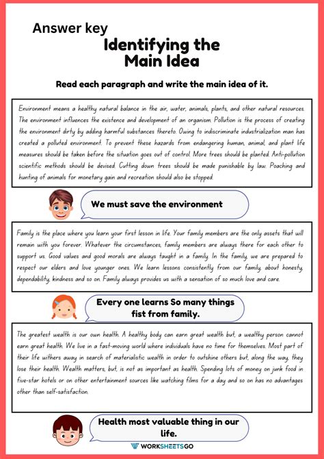 Finding The Main Idea Worksheets With Answers