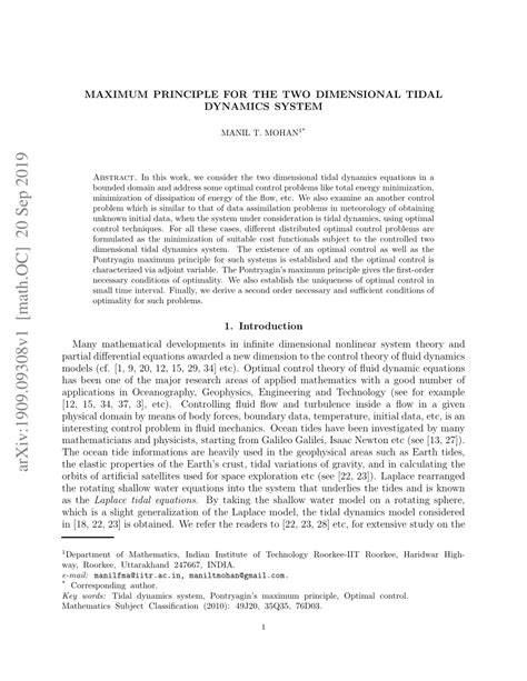 Pdf Maximum Principle For The Two Dimensional Tidal Dynamics System