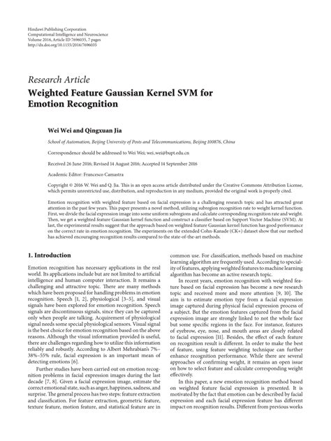 PDF Weighted Feature Gaussian Kernel SVM For Emotion Recognition
