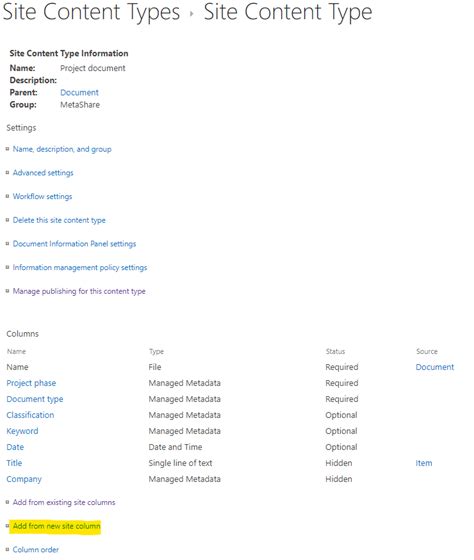How To Add Columns To A Site Content Type MetaShare Help