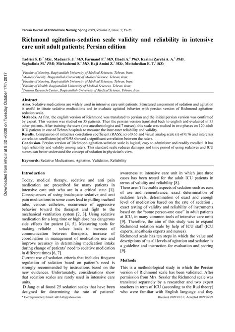 Pdf Richmond Agitation Sedation Scale Validity And Reliability In