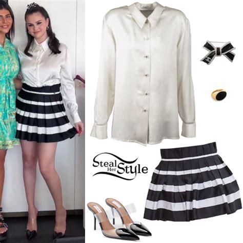 Selena Gomez White Blouse Striped Skirt