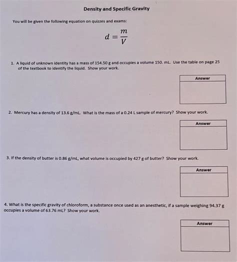 Solved Density And Specific Gravity You Will Be Given The Chegg Com