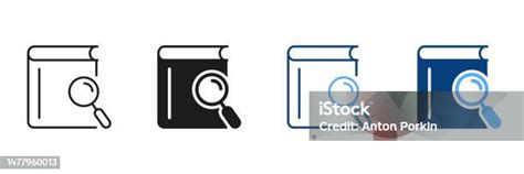 책 라인과 실루엣 아이콘 세트가 있는 돋보기 책 색상 기호를 검색합니다 서점 아이콘 웹 페이지에 대한 검색 단추 도서관 및 서점 기호 컬렉션 고립된 벡터 그림 거리가 먼에