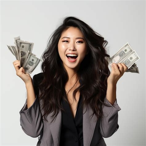 Very Happy Asian Woman Hugging Money Dollars And Smiling Ai Generated