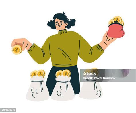 주식에 투자 와 여자 성격 두다 동전 에서 자루 벡터 일러스트 거래자에 대한 스톡 벡터 아트 및 기타 이미지 거래자 경제 균형 Istock
