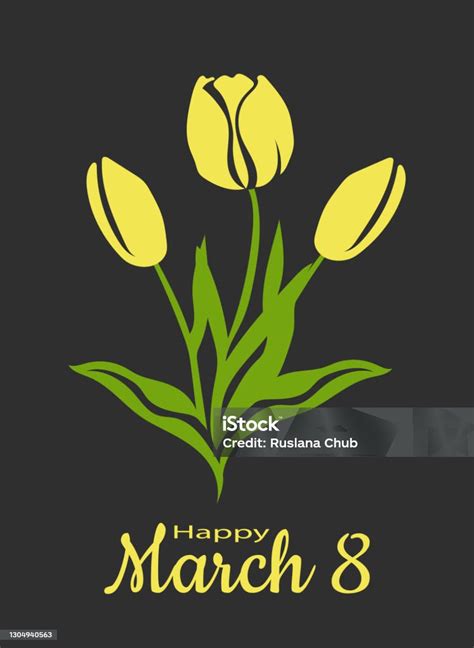 해피 3월 8일이라는 문구가 새겨진 봄 카드 인사 컵 옷 노트북 장식 베개에 인쇄노란색 튤립 벡터 그래픽 0명에 대한 스톡 벡터 아트 및 기타 이미지 Istock
