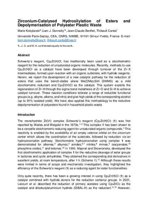 Pdf Zirconium Catalysed Hydrosilylation Of Esters And
