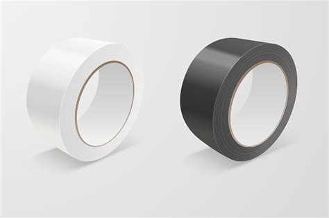현실적인 흰색과 검정색 벡터 3d 광택 테이프 롤 아이콘 집합 또는 흰색 배경에 고립 된 모형 근접 촬영 이랑 스티커 테이프 롤 또는 접착 테이프 포장의 디자인 템플릿 전면