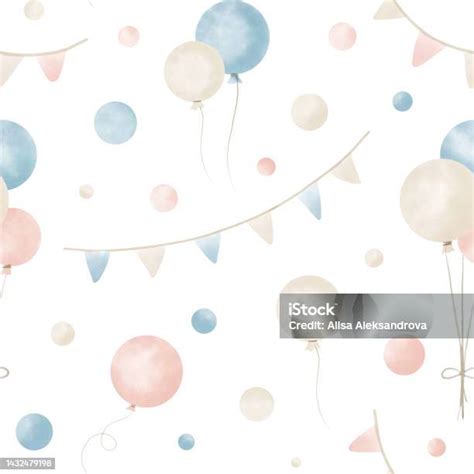 공기 풍선과 색종이가있는 패턴 손으로 그린 수채화 생일 포장지 또는 파티 디자인을위한 완벽한 배경 흰색에 파스텔 색상으로 그리기