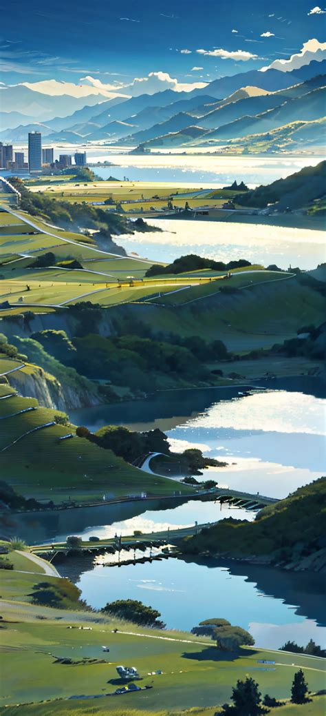 광활하고 장엄한 스카이라인 하늘의 넓은 영역이 그림의 3분의 2를 차지합니다 민간인 복장을 한 소년 소녀들이 초원에 나란히 앉아 있습니다 그리고 멀리 중국의 번화 한