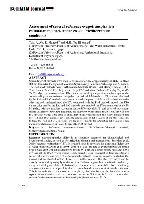 Pdf Assessment Of Several Reference Evapotranspiration Estimation Methods Under Coastal