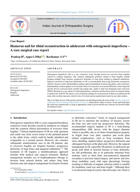 Pdf Humerus Nail For Tibial Reconstruction In Adolescent With Osteogenesis Imperfecta A Rare