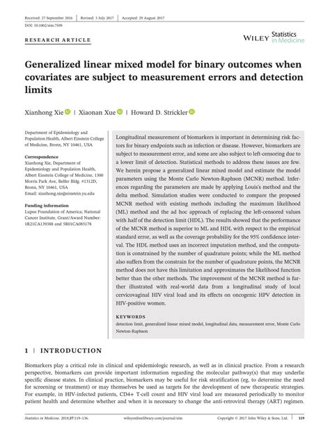 Pdf Generalized Linear Mixed Model For Binary Outcomes When Covariates Are Subject To