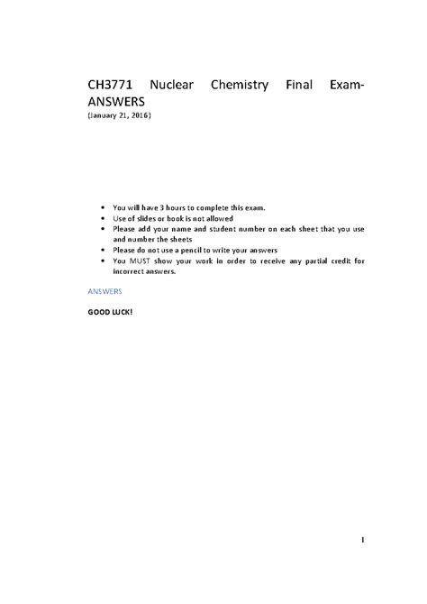 Ch3771 Final Exam Answers Nuclear Chemistry January 21 2016
