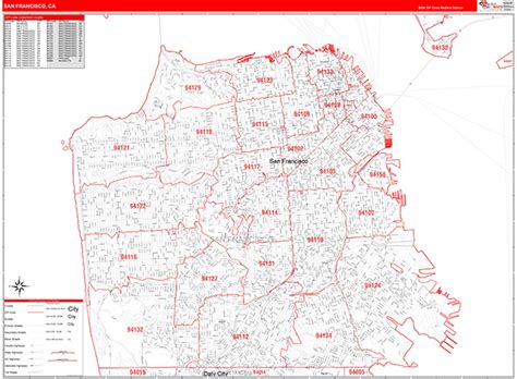 San Francisco California Zip Code Wall Map Red Line Style By