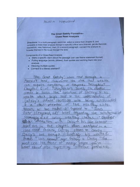 Gatsby In Class Asignment Pdf