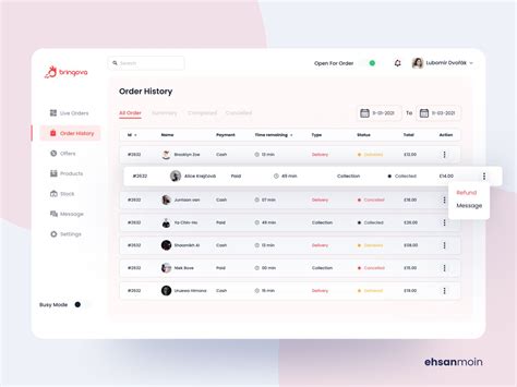 Order History Admin Dashboard Design