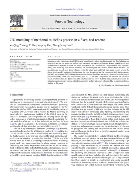 Ya Ping Zhu 2012 Cfd Modeling Of Methanol To Olefins Process In A