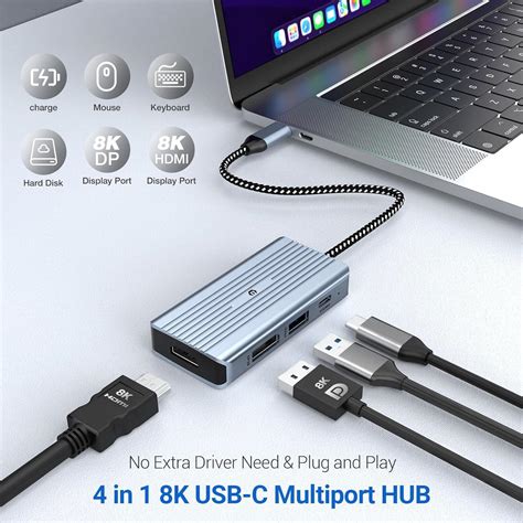 Tymyp USB C Hub 4 In 1 USB C Hub Dual Display 8K 30Hz HDMI 8K 30Hz DP USB 3 0 100W USB C PD