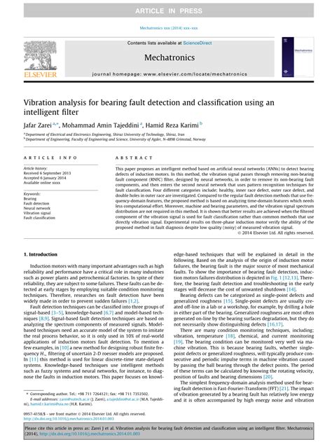 Pdf Vibration Analysis For Bearing Fault Detection And Classification Using An Intelligent Filter