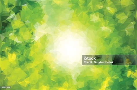 추상 낮은 폴 리 벡터 배경입니다 삼각형의 패턴입니다 다각형 디자인입니다 녹색과 노란 색입니다 중앙에 흰색 동그라미입니다 0명에 대한 스톡 벡터 아트 및 기타 이미지
