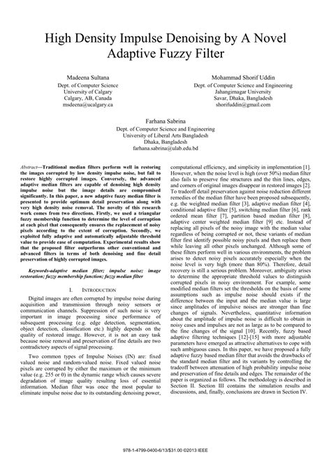 Pdf High Density Impulse Denoising By A Novel Adaptive Fuzzy Filter