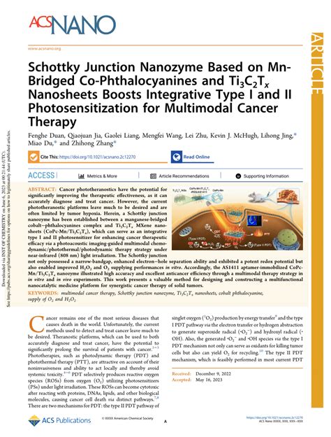 Pdf Schottky Junction Nanozyme Based On Mn Bridged Co Phthalocyanines
