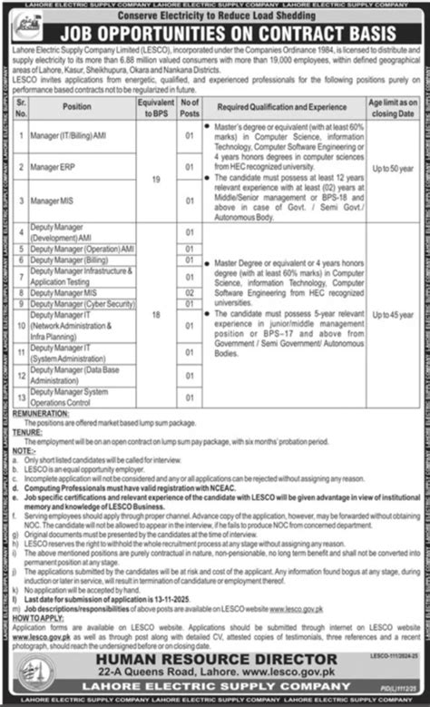 Lahore Electric Supply Company Lesco Jobs Announcement 2025 2026 Job