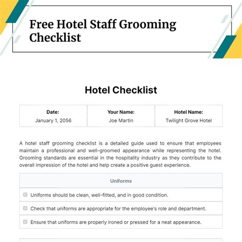 Free Hotel Staff Grooming Checklist Template To Edit Online