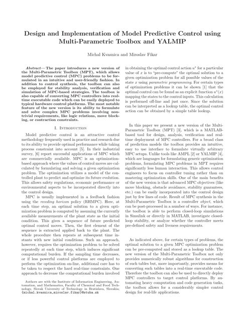 Pdf Design And Implementation Of Model Predictive Control Using Multi Parametric Toolbox And