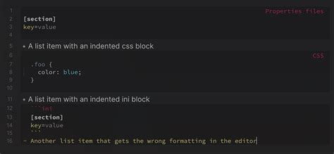 nested and indented ini code blocks break formatting in editor bug