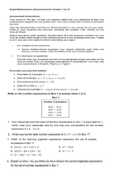 Rapid Mathematics Assessment For Grades 7 10 Test Instructions And