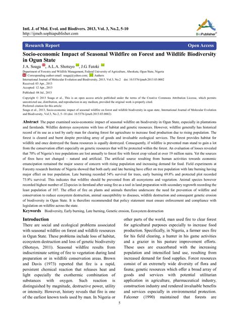 Pdf Socio Economic Impact Of Seasonal Wildfire On Forest And Wildlife Biodiversity In Ogun State