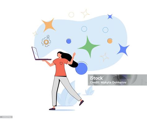 젊은 여성이 비행 추상적 인 모양으로 노트북을 들고 걷고 있습니다 이동성 텔레워크 인터넷 접근성 및 현대 미디어의 개념 온라인으로 공부하십시오 갈색 머리에 대한 스톡 벡터