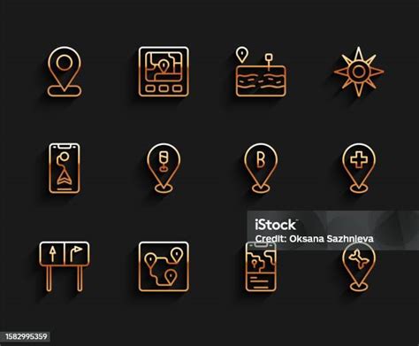 라인 도로 교통 표지판 경로 위치 위치 도시지도 내비게이션 자동차 서비스 주류 또는 맥주 바 십자가 및 아이콘이있는 의료 설정 벡터 거리에 대한 스톡 벡터 아트 및 기타
