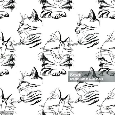 손으로 그린 흑백 고양이와 매끄러운 패턴 예술 크리에이티브 배경 가축에 대한 스톡 벡터 아트 및 기타 이미지 가축 검은색 고양이 새끼 Istock